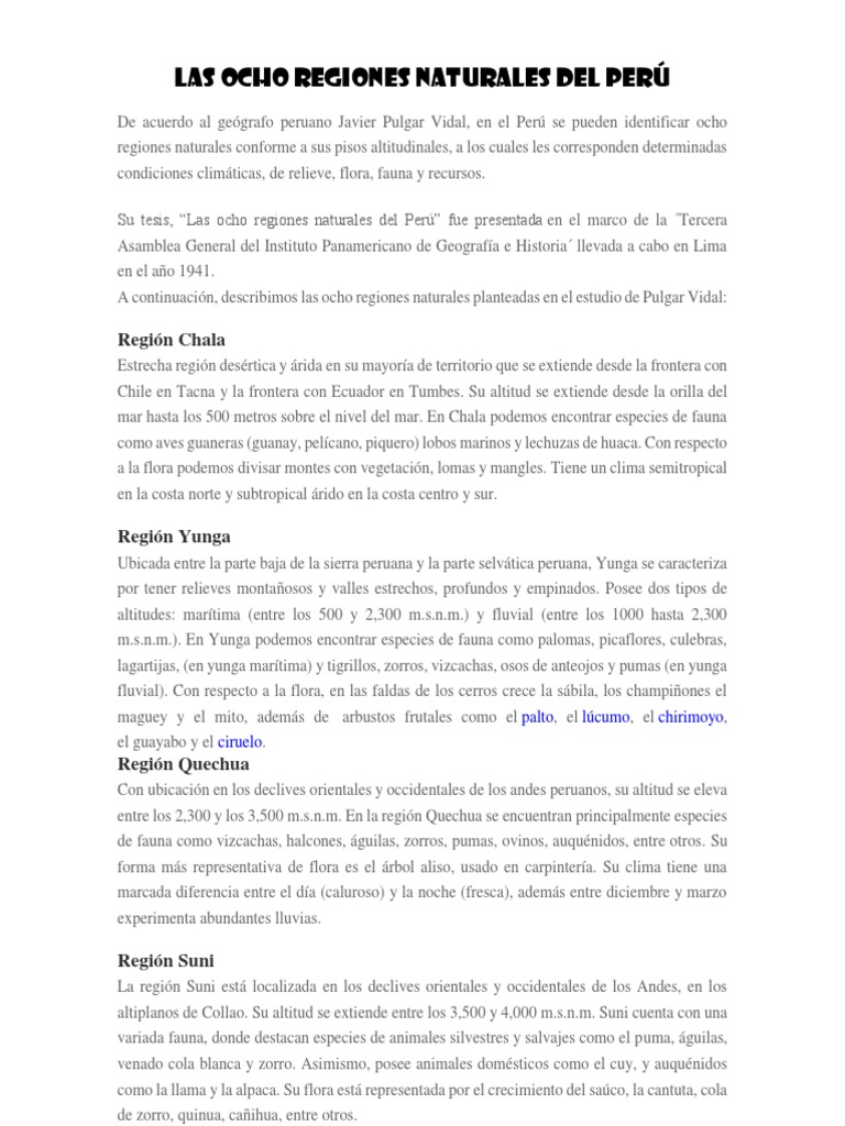 Las Ocho Regiones Naturales Del Perú | PDF | Science | Geografía