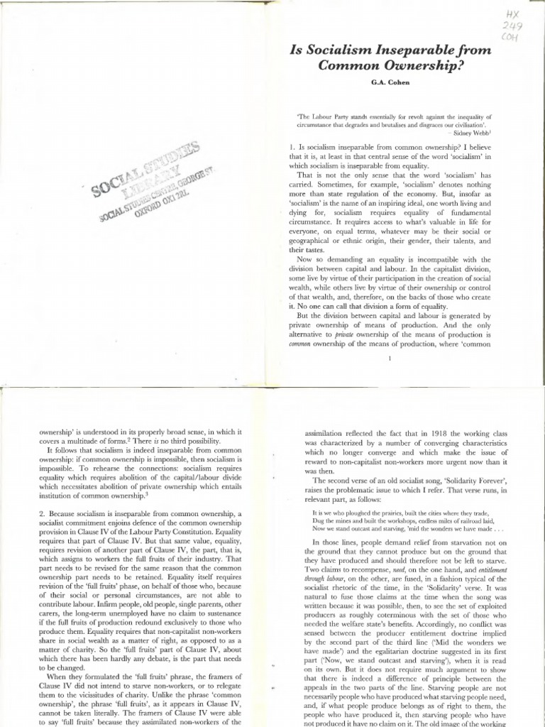 G.A. Cohen - Is Socialism Inseperable From Common Ownership (1995) PDF ...