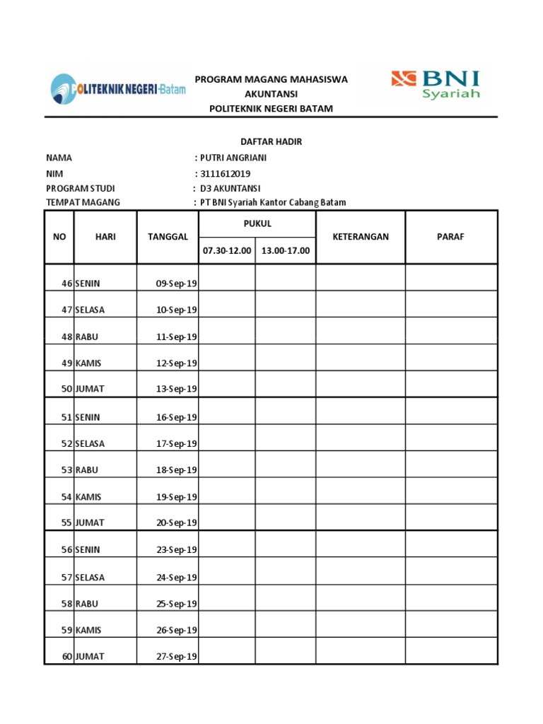 Tabel 4 Contoh Absen Magang | PDF