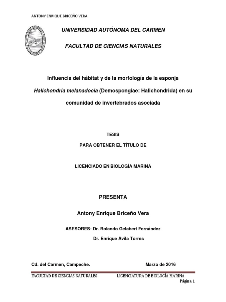 Briseño-Vera2016 - Influencia en Habitad, Halichondria Melanodocia ...