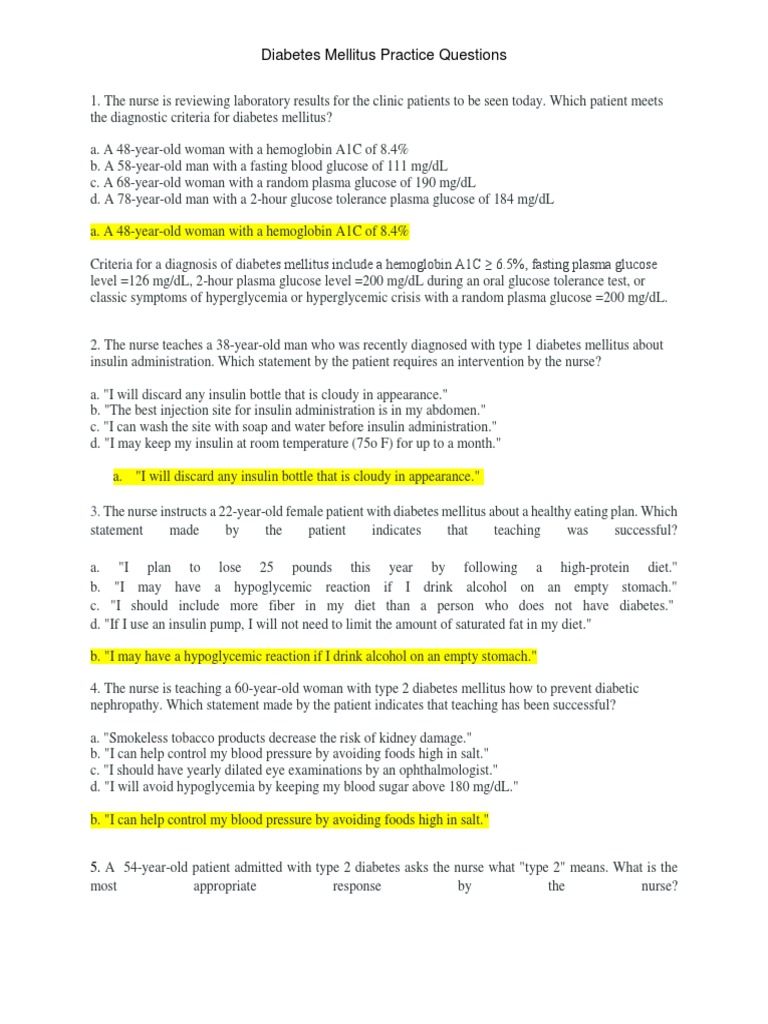 DM Practice Questions | PDF | Hyperglycemia | Diabetes Mellitus Type 2