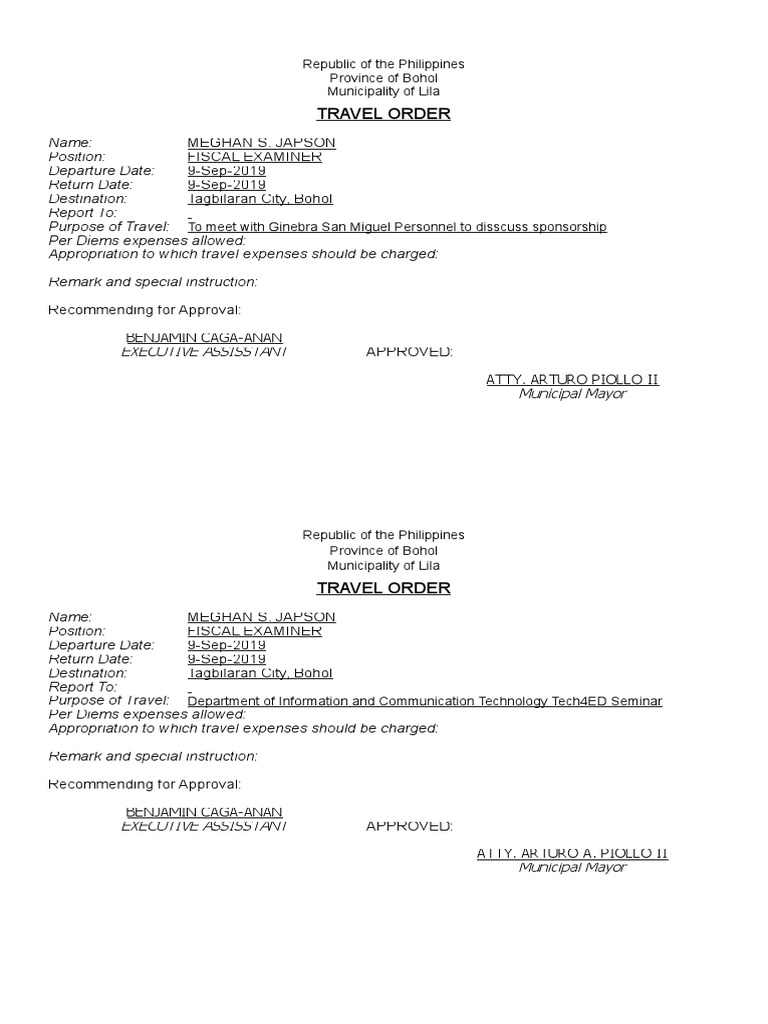 Travel Order | PDF | Payments | Government