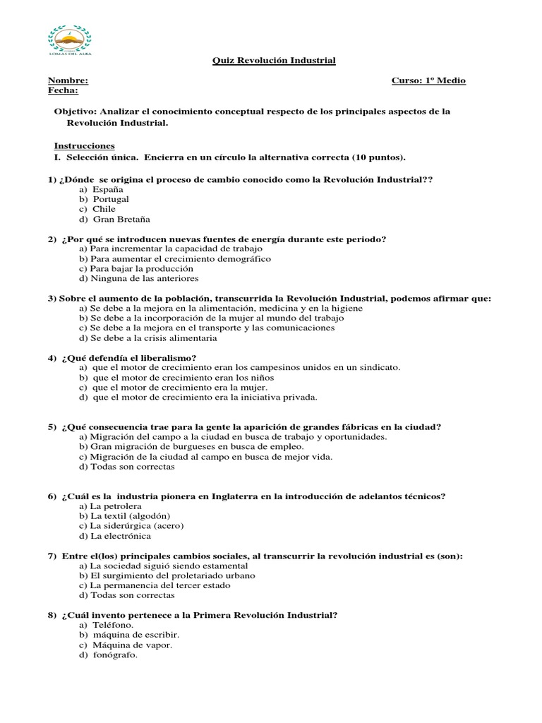 Quiz Revolucion Industrial Taller 4 | PDF | Revolución industrial ...