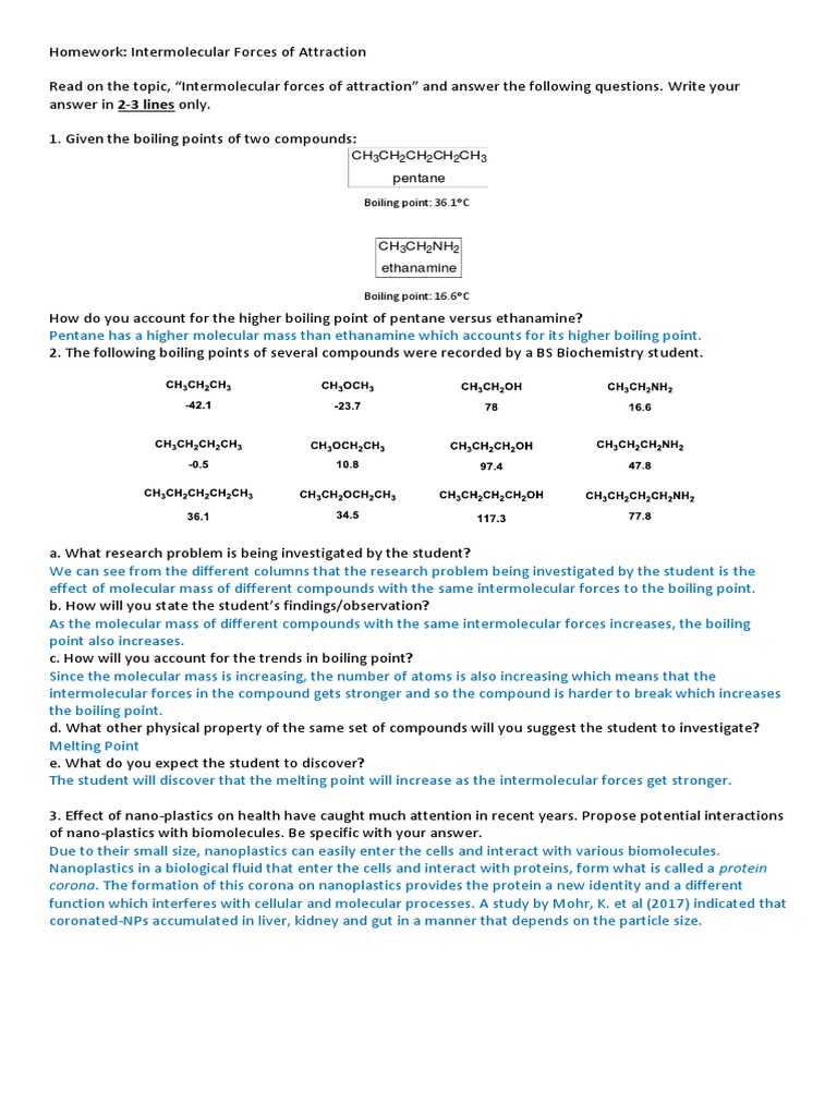 Intermolecular Forces of Attraction Quiz Answers | PDF | Intermolecular ...