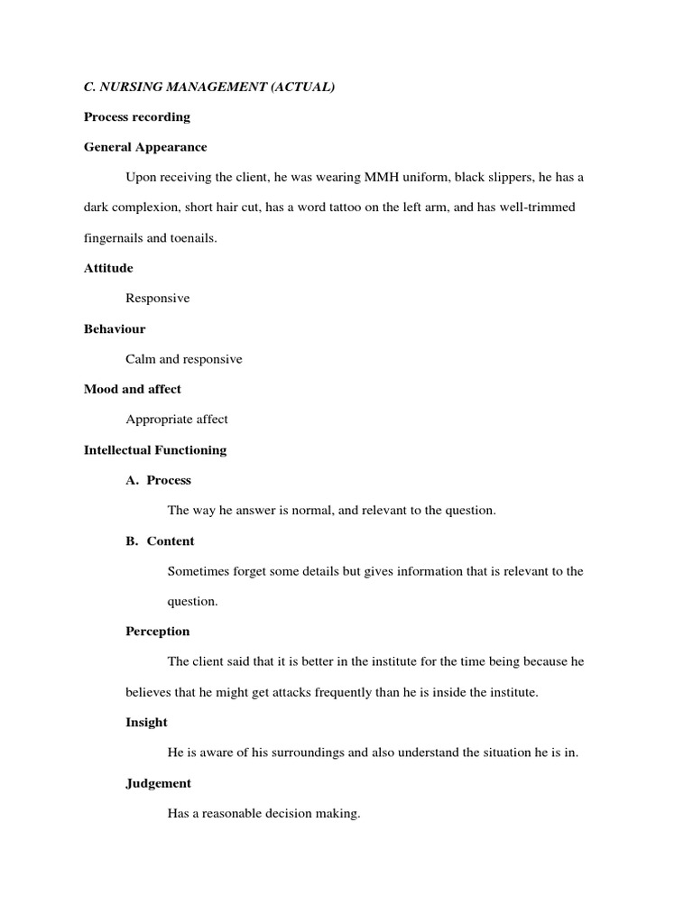 Process Recording General Appearance: C. Nursing Management (Actual ...