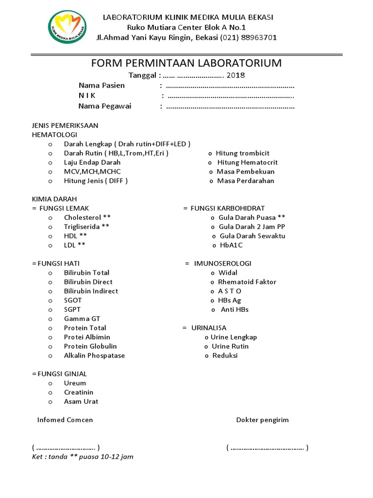 Form Permintaan Laboratorium: Ket: Tanda Puasa 10-12 Jam | PDF