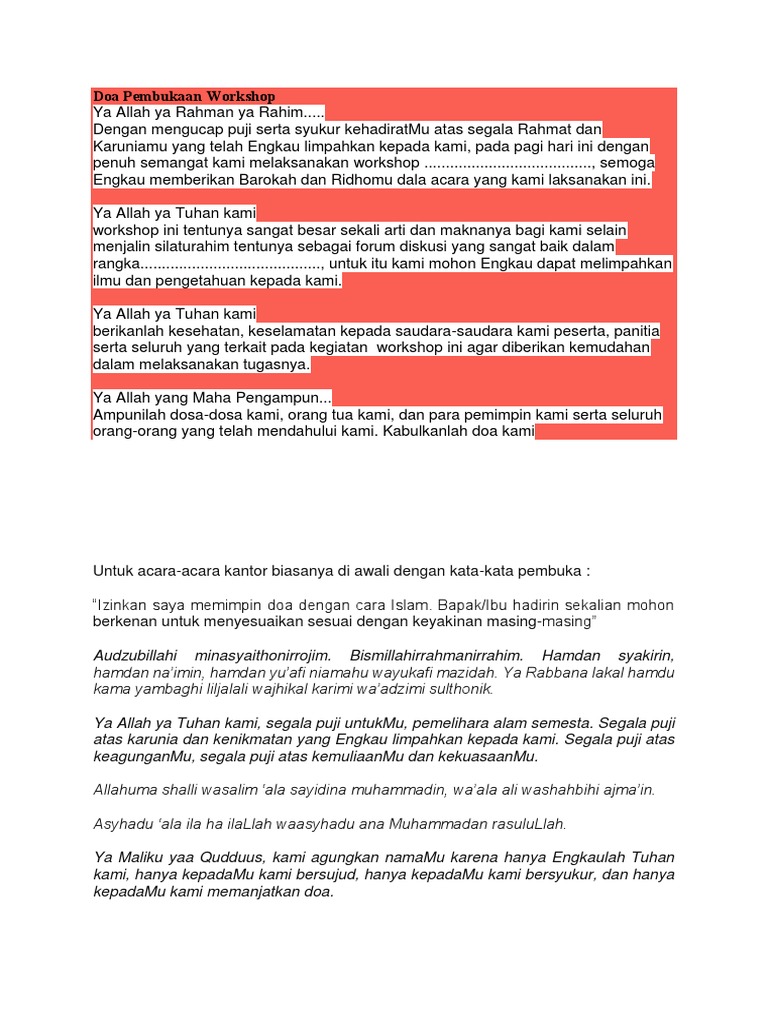 Doa Pembukaan Workshop | PDF