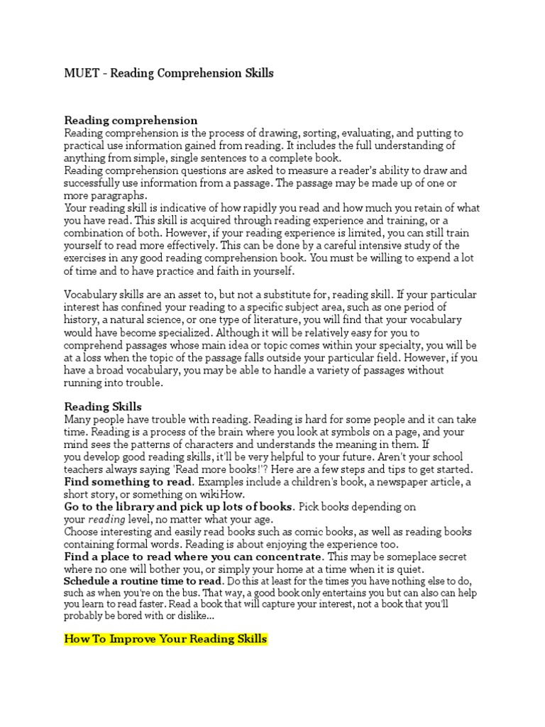 MUET - Reading Comprehension Skills | PDF | Speed Reading | Reading ...