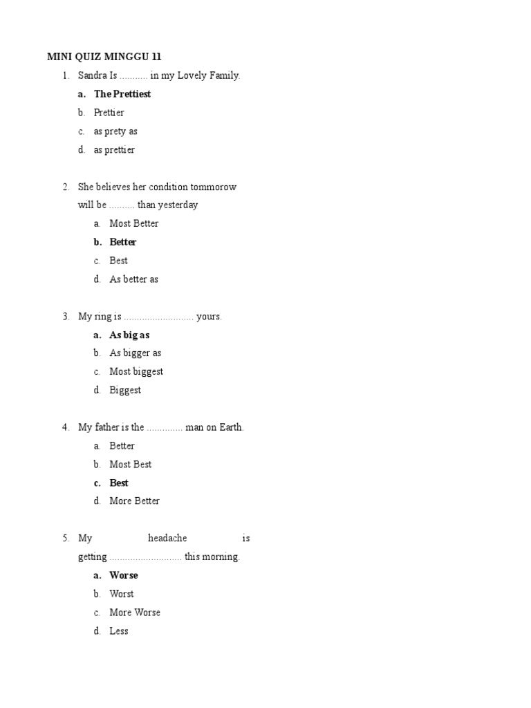 Mini Quiz on Comparative Degrees | PDF