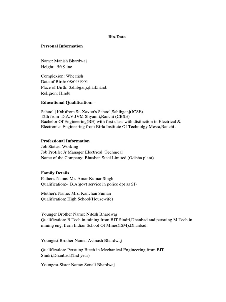 Bio-Data Personal Information | PDF