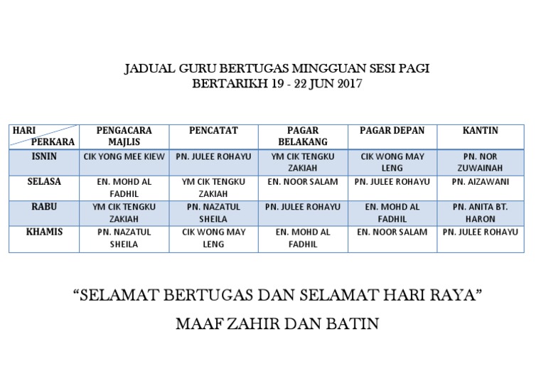 Contoh Jadual Bertugas | PDF