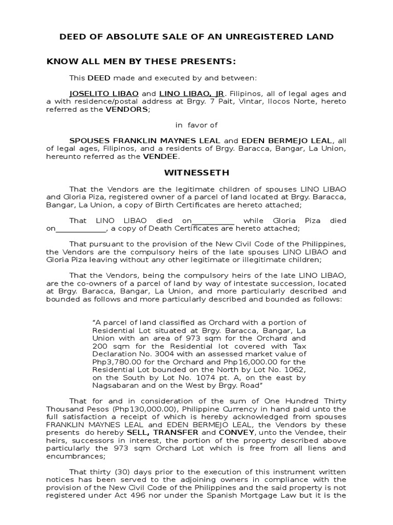 Deed of Absolute Sale of An Unregistered Land Know All Men by These ...