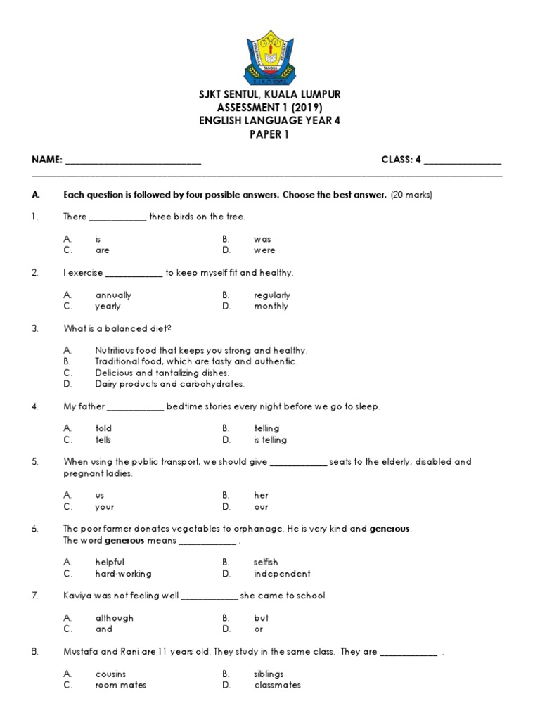 SJKT Sentul, Kuala Lumpur ASSESSMENT 1 (2019) English Language Year 4 ...