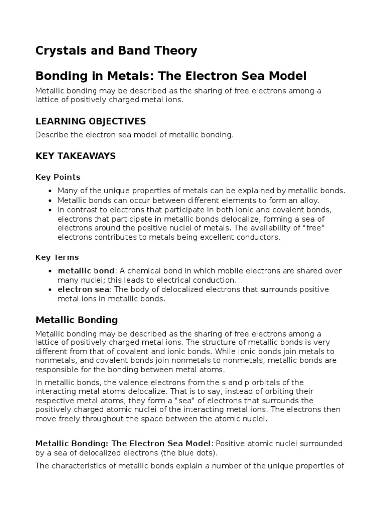 Crystals and Band Theory Bonding in Metals: The Electron Sea Model ...
