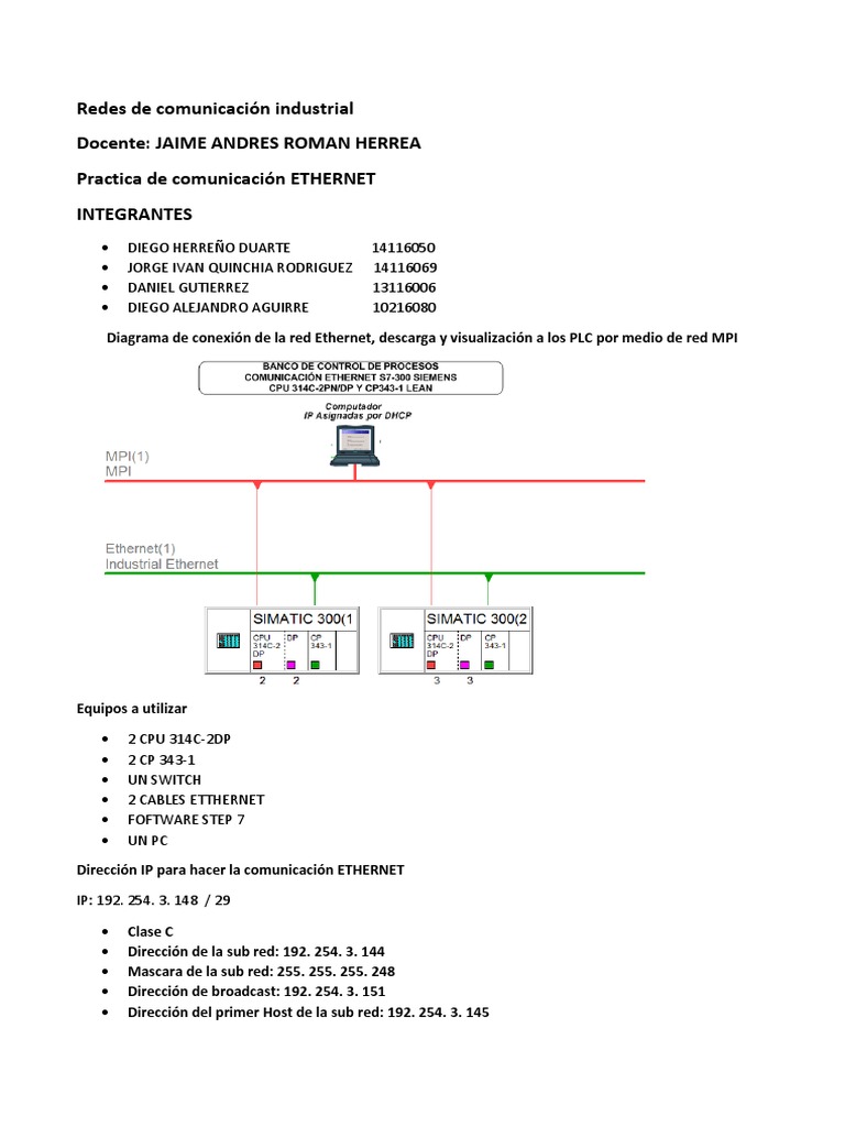 Practica de Redes de Comunicación Industrial ETHERNET | PDF | Dirección IP | Red de computadoras
