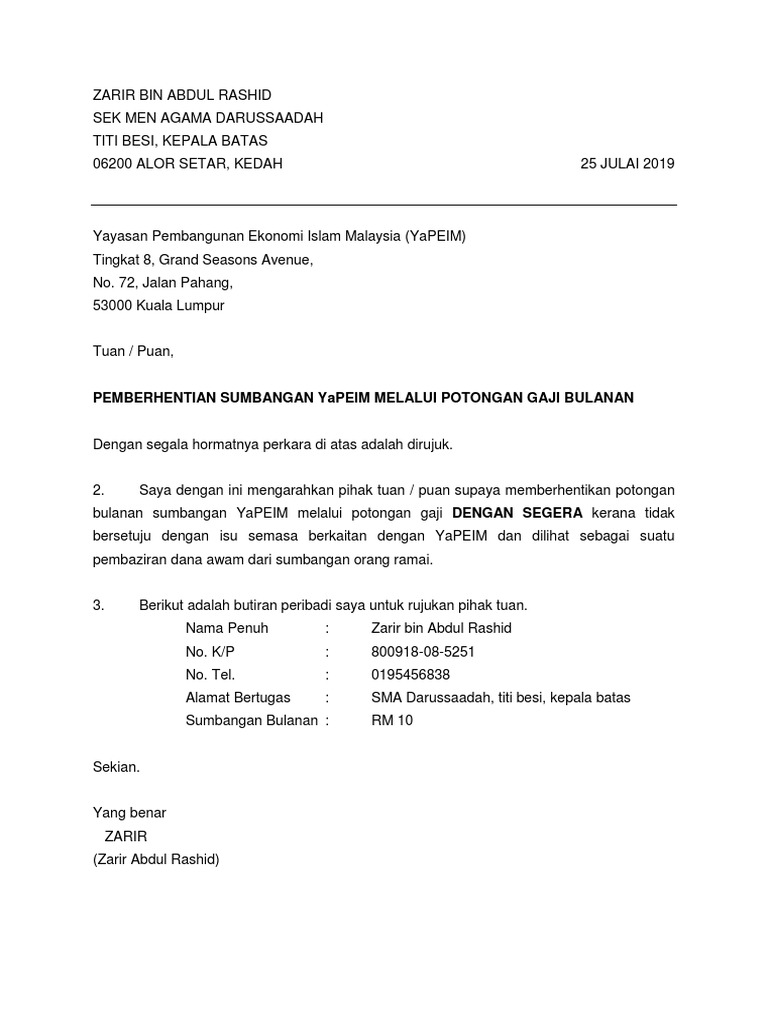 Contoh Surat Berhenti Potongan Yapeim