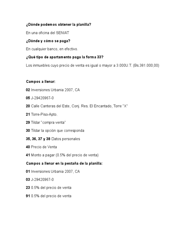 Instrucciones para llenar forma 33 SENIAT | PDF
