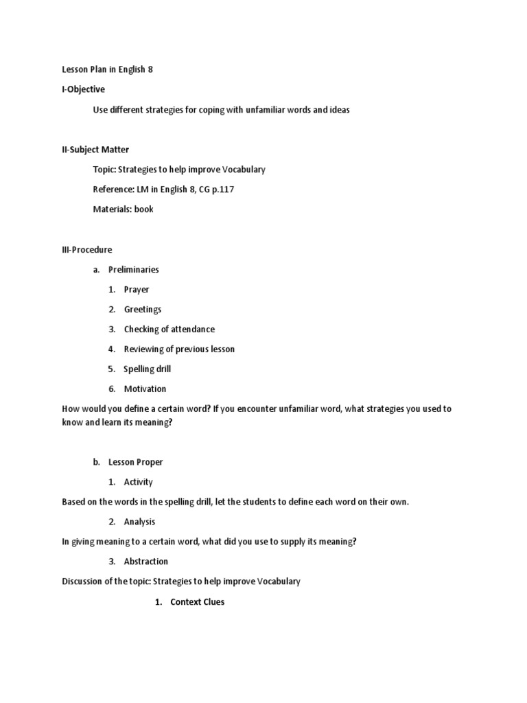 Lesson Plan in English 8 Unfamiliar Words | PDF | Vocabulary | Reading ...