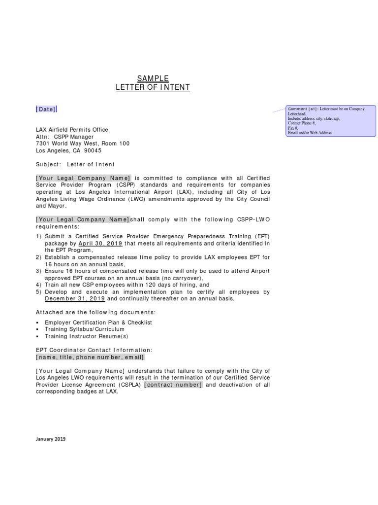 Sample Letter of Intent: Comment (A1) : Letter Must Be On Company | PDF ...