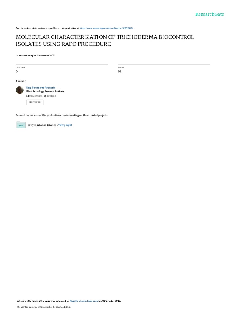 Molecular Characterization Of Trichoderma Biocontrol Isolates Using Rapd Procedure Pdf