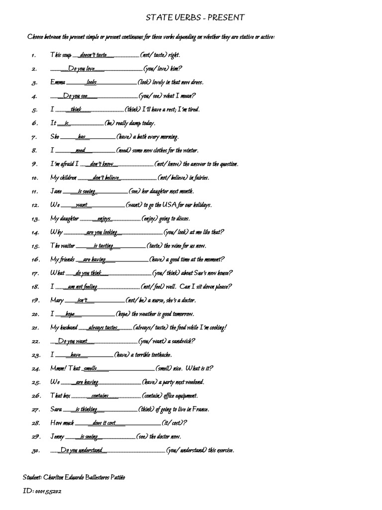 State Verbs or Action Verbs - 59915 Ballesteros | PDF