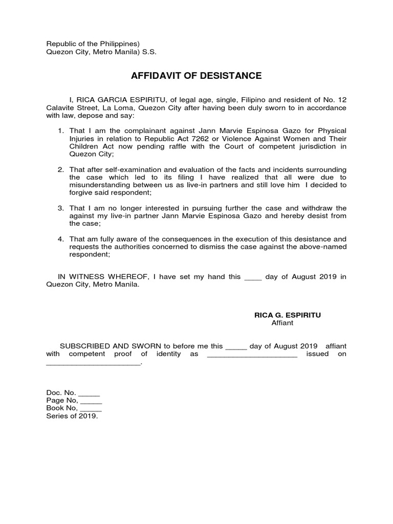 Affidavit of Desistance Rica | PDF