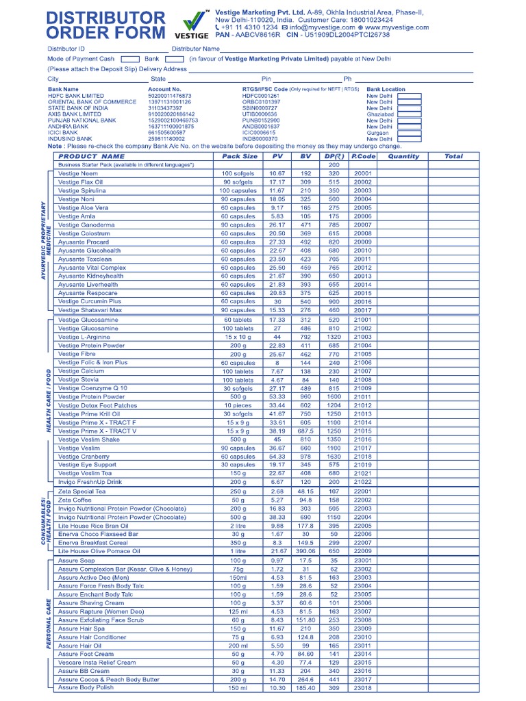 Vestige Order Form | PDF