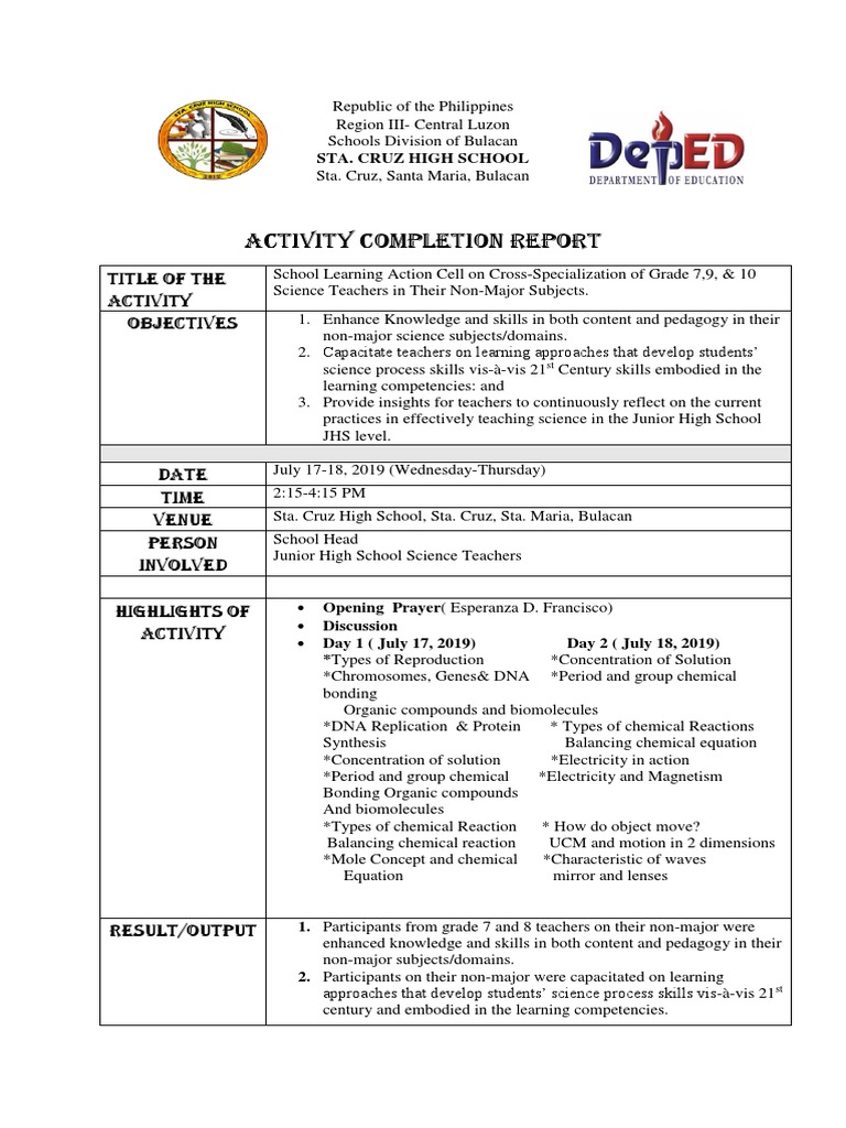 Activity Completion Report: Title of The Activity Objectives | PDF ...