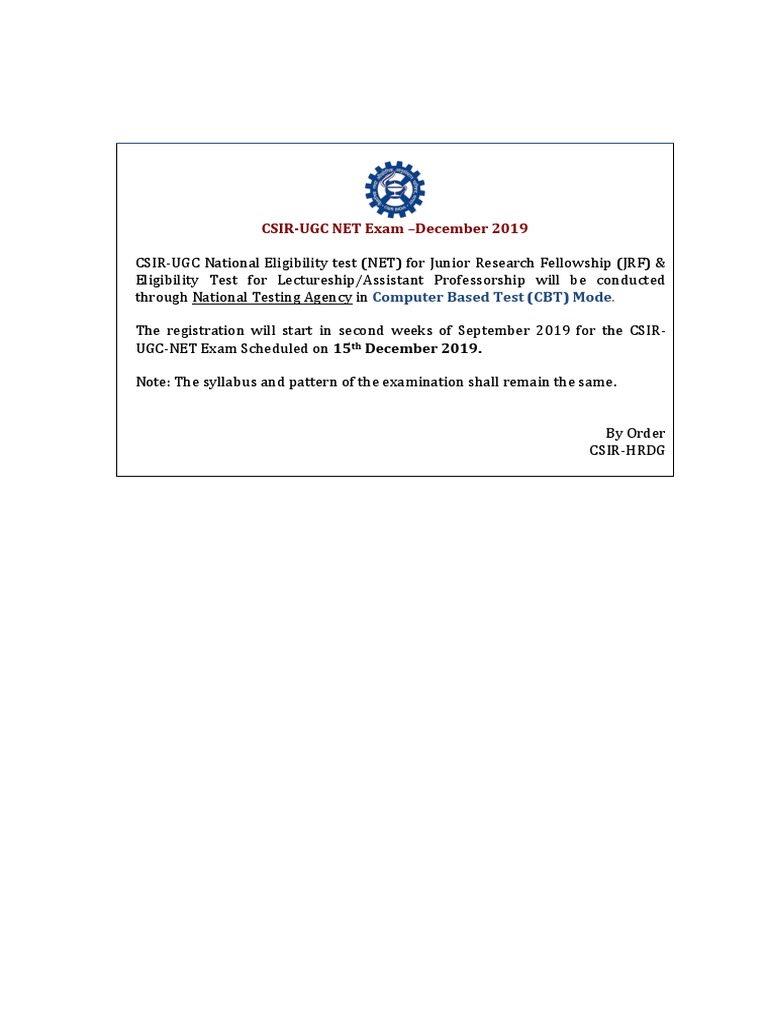 CSIR-UGC NET Exam - December 2019: Computer Based Test (CBT) Mode | PDF