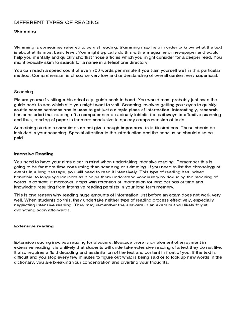 Different Types of Reading: Skimming, Scanning, Intensive Reading, and ...
