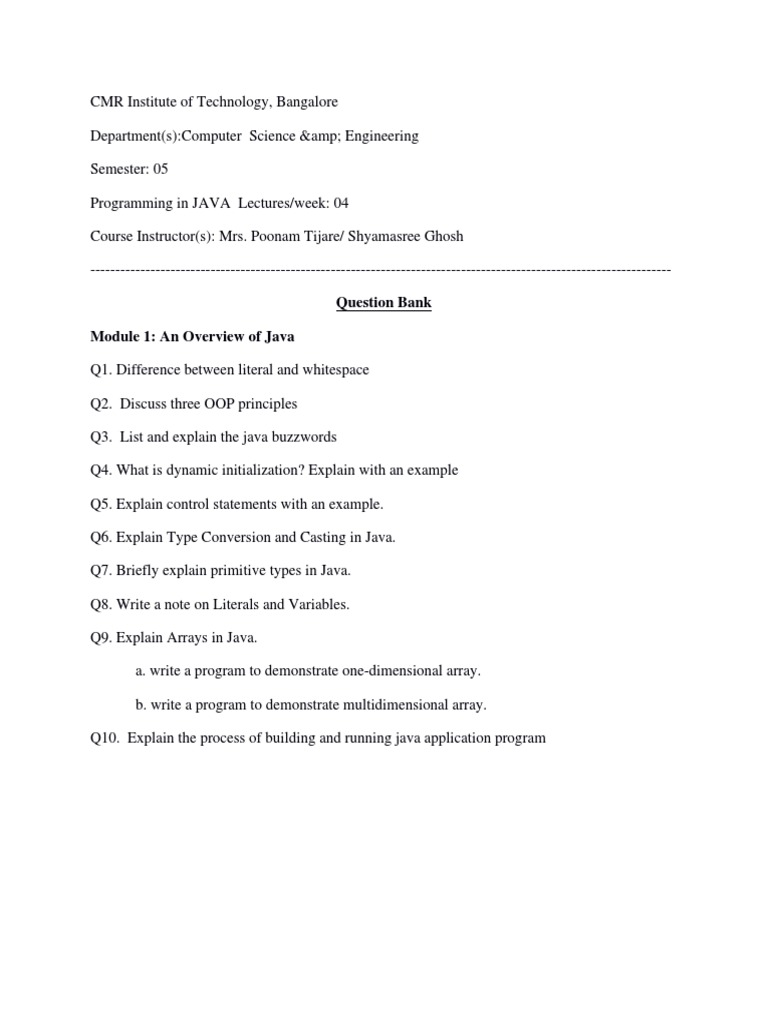 Question Bank Module 1: An Overview of Java | Download Free PDF | Java (Programming Language ...