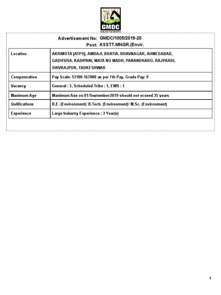 GMDC/1005/2019-20 Advertisement No: ASSTT - MNGR. (Envir. Post | PDF
