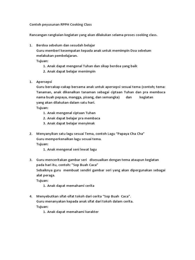RPPH Cooking Class untuk Anak TK | PDF | Seni & Disiplin Bahasa