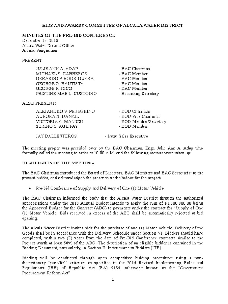 Bids and Awards Committee Pre-Bid Conference Minutes | PDF | Common Law ...