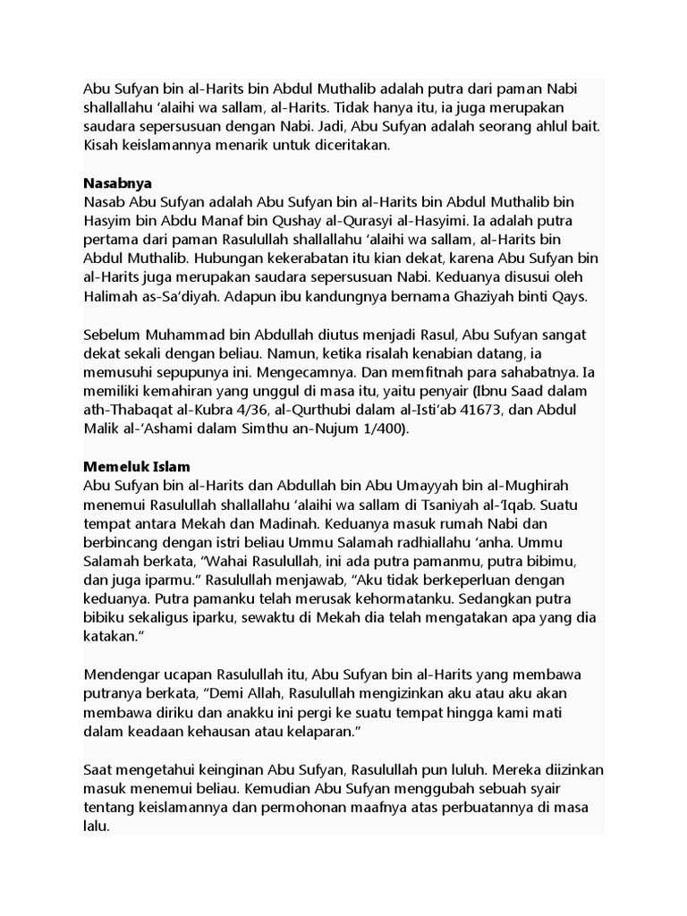 Sepupu Nabi, Abu Sufyan Bin Al-Harits Bin Abdul Muthalib | PDF