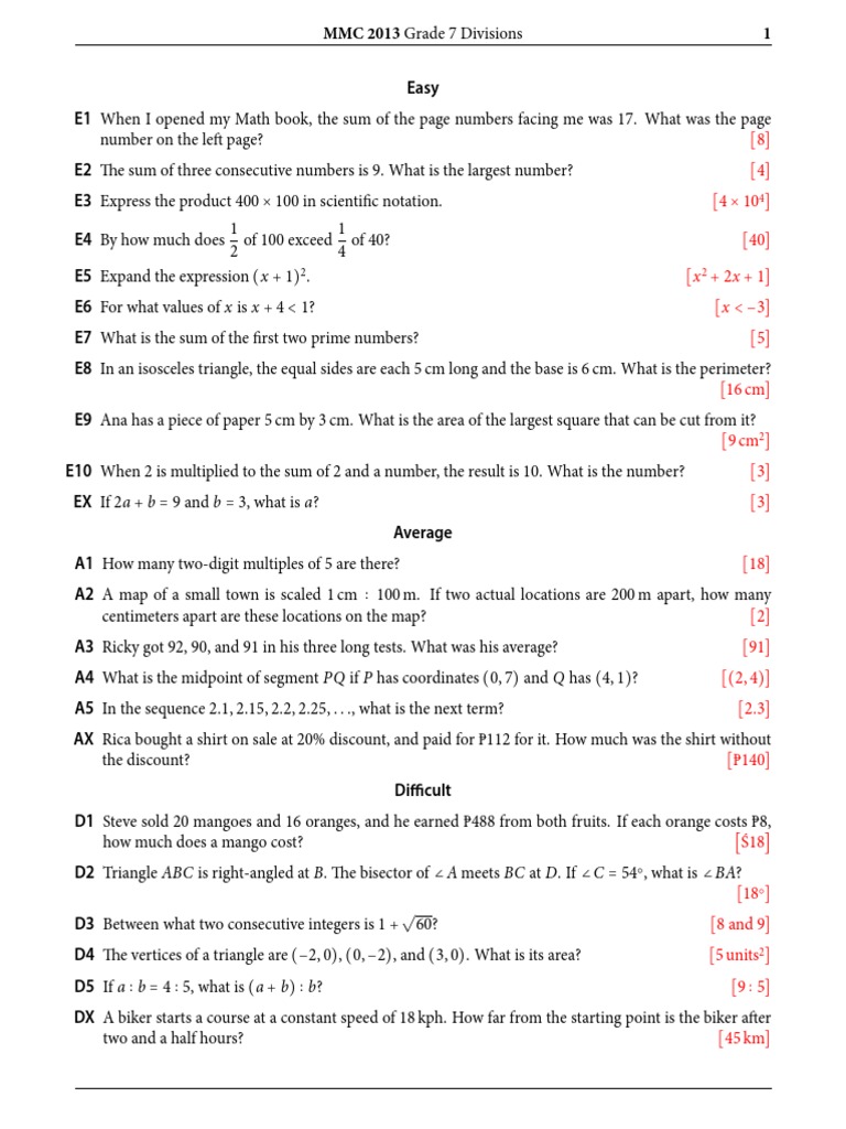 MMC 2013 Grade 7 Divisions - With Answers | PDF | Elementary ...