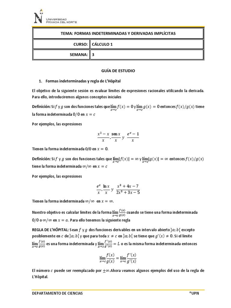 Semana 3 Formas Indeterminadas y Derivacion Implicita Guia + HT Calc 1 ...