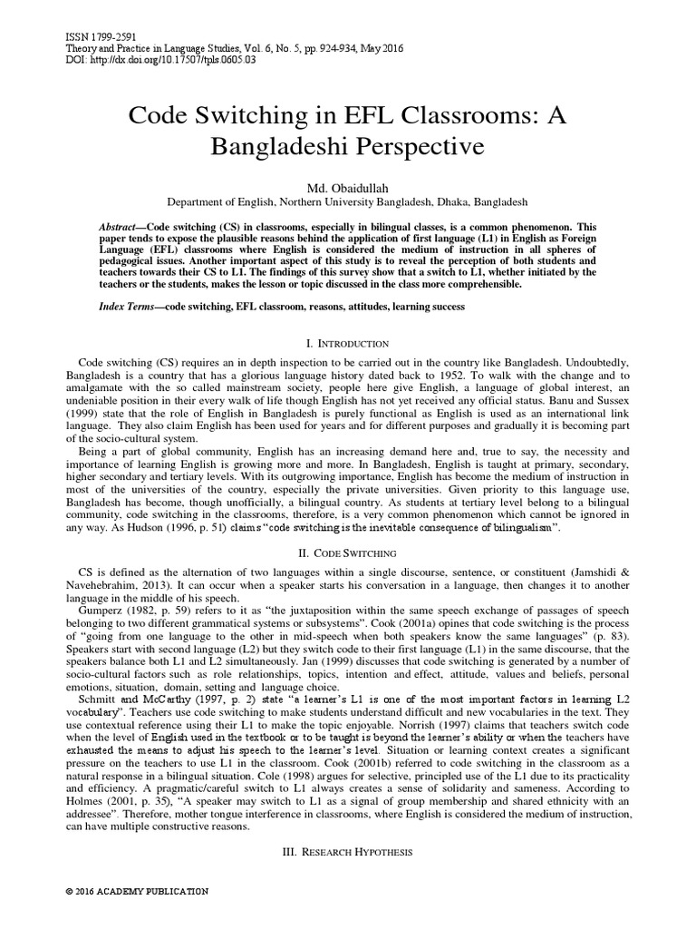 Code Switching in EFL Classrooms: A Bangladeshi Perspective: Md ...