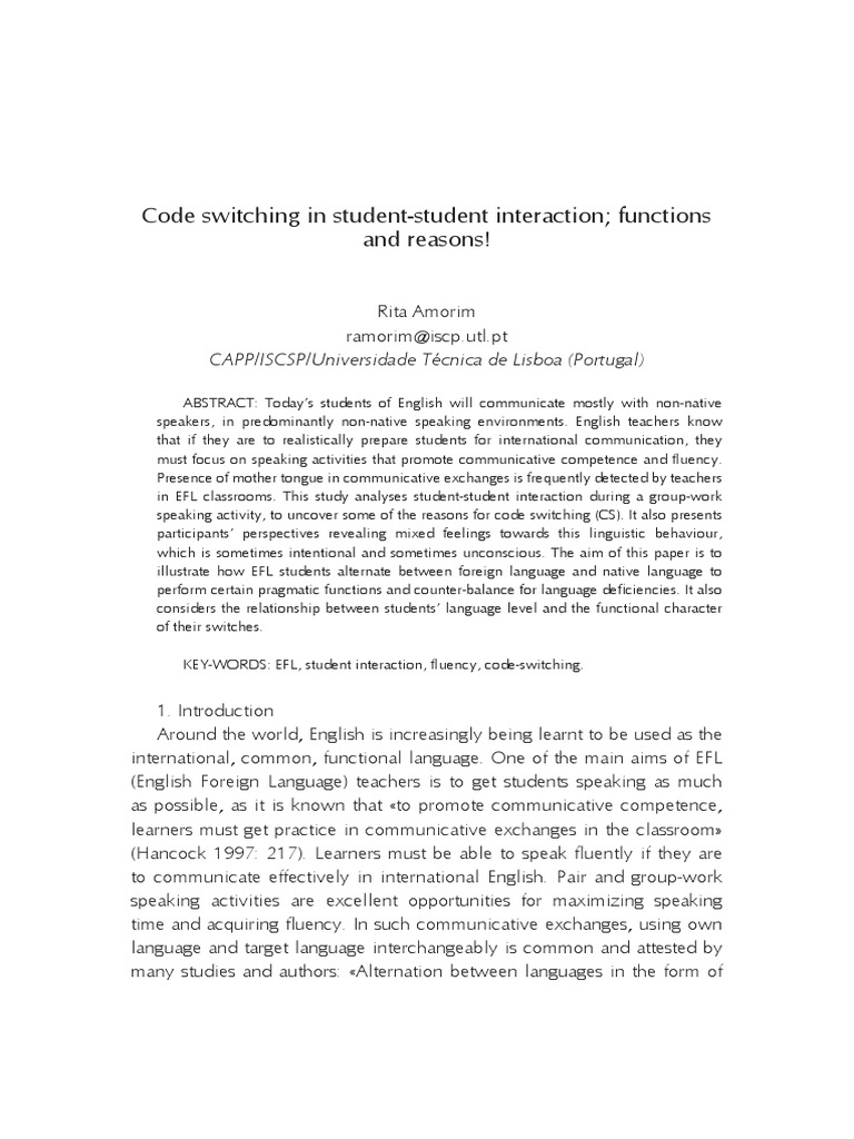 Code Switching in Student-Student Interaction Functions and Reasons ...