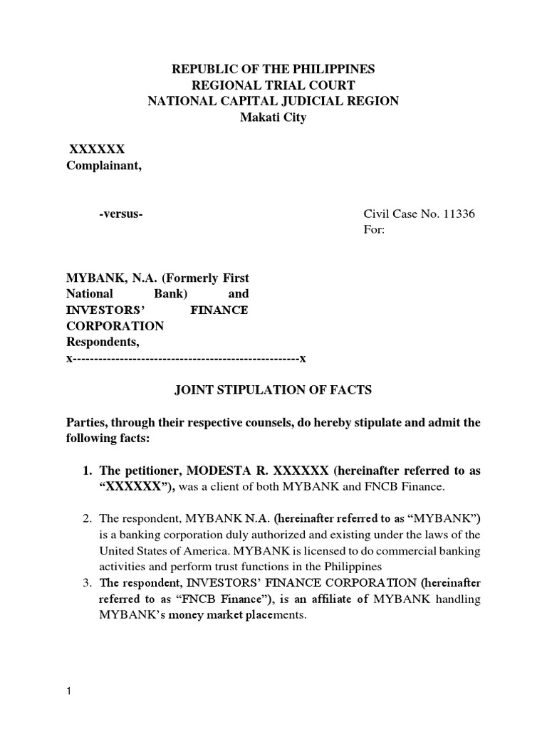 Joint Stipulation of Facts in Court Case | PDF | Banks | Loans