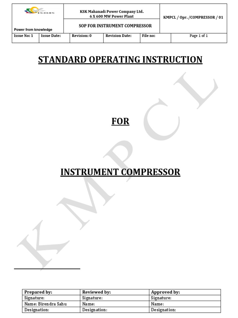 SOP for Instrument Compressor Operation | PDF | Manufactured Goods ...