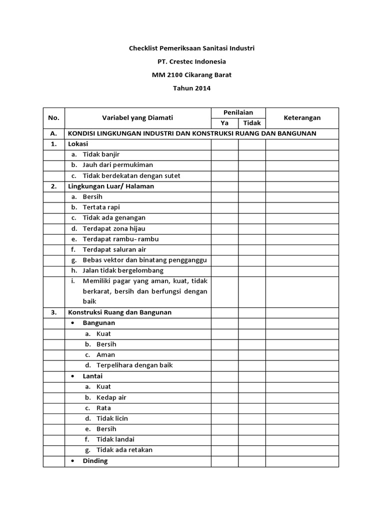 Checklist Pemeriksaan Sanitasi Industri | PDF
