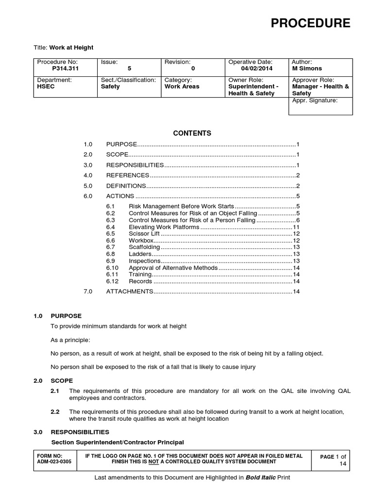 Work at Height Safety Procedures | PDF | Scaffolding | Occupational ...