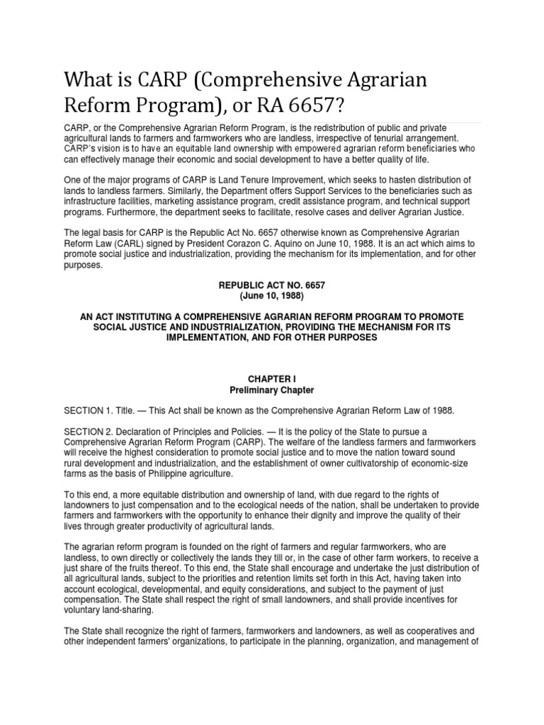 What Is CARP (Comprehensive Agrarian Reform Program), or RA 6657? | PDF ...