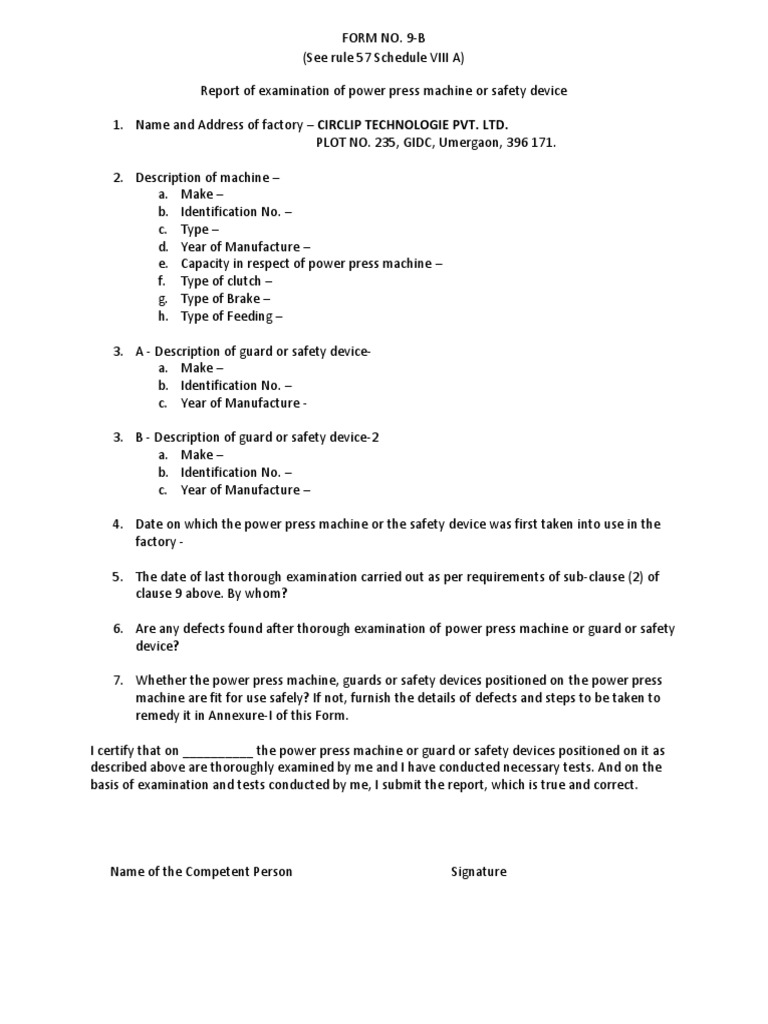 Form 9b Power Press Machine Safety Device | PDF