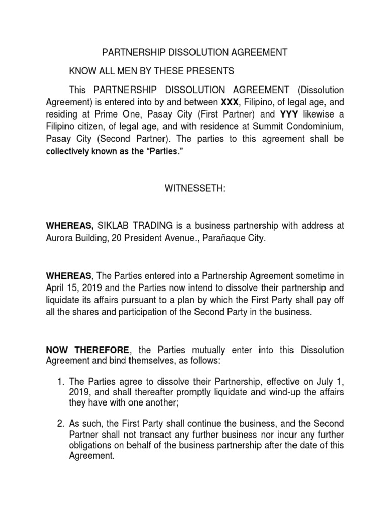 Sample Partnership Dissolution Agreement | PDF | Partnership | Civil ...