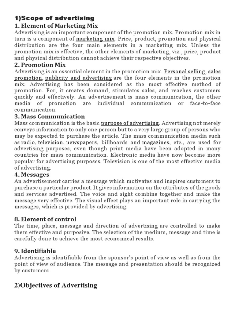 1) Scope of Advertising 1. Element of Marketing Mix | PDF | Promotion ...