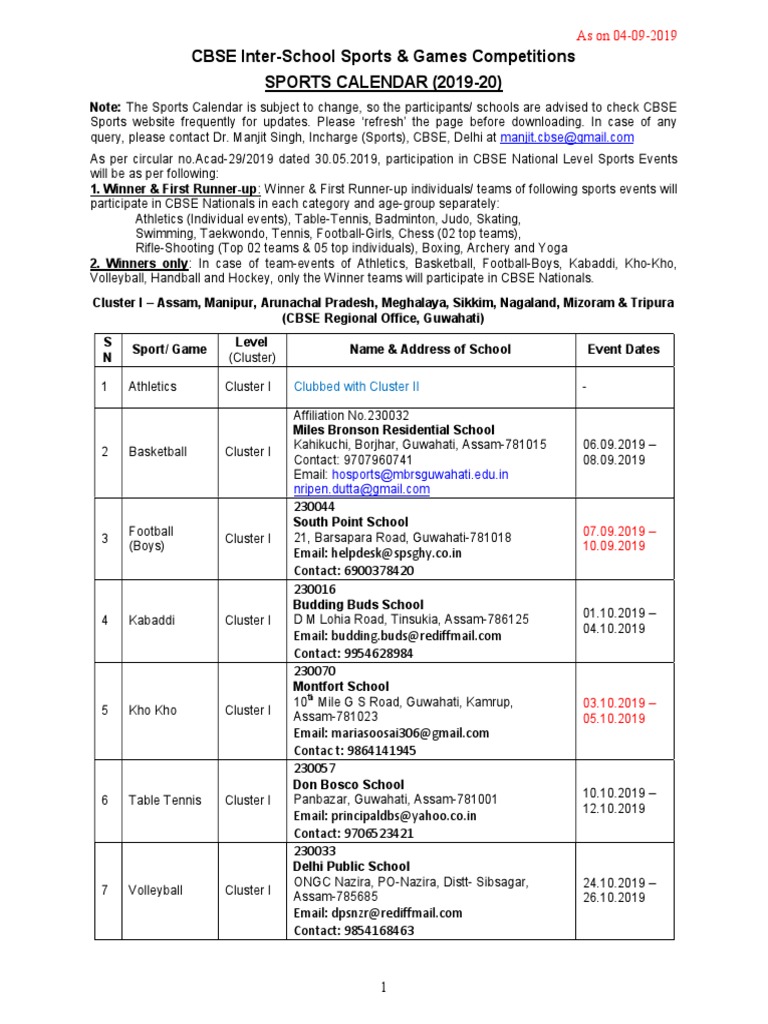 CBSE Sports Calendar (2019-20) 7 (04.09.2019) | PDF | Summer Sports ...