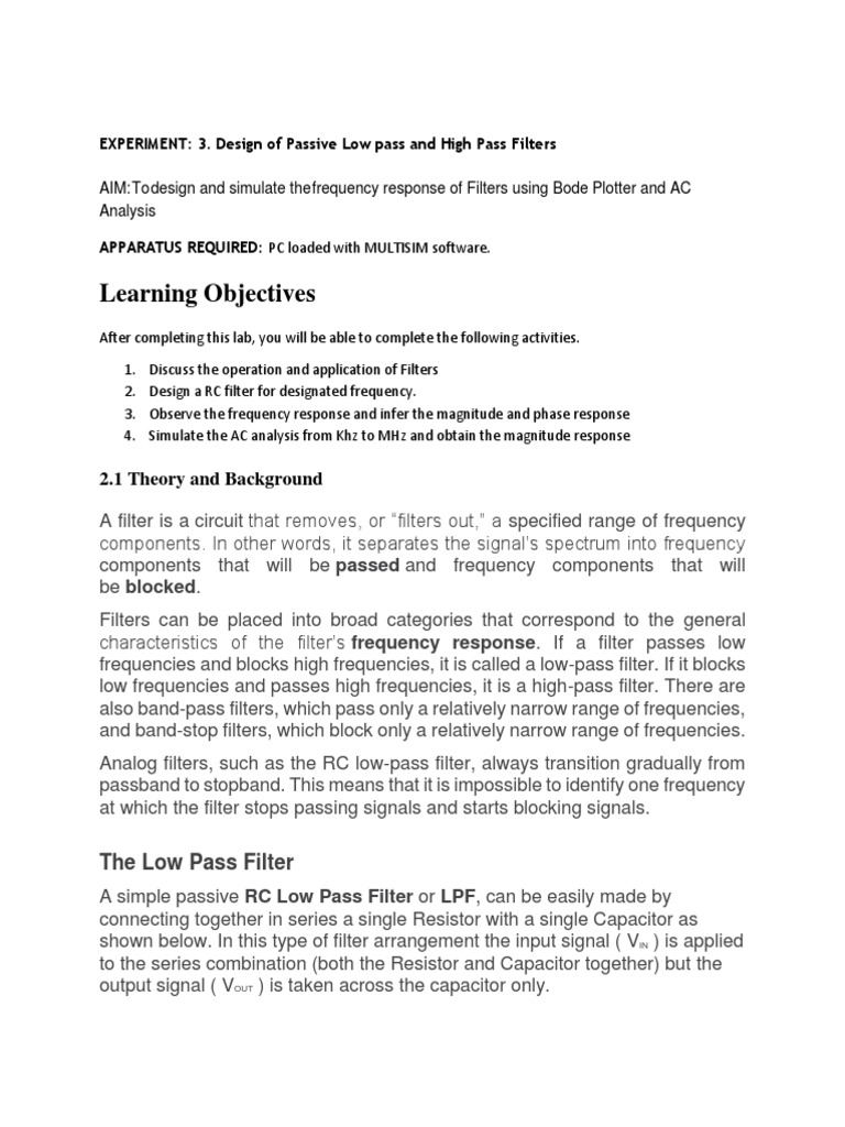 Exp 2 Passive LP and HP Filters | PDF | Electronic Filter | Low Pass Filter