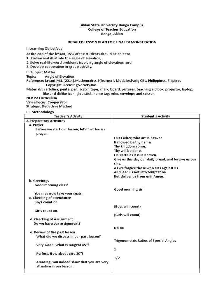 Detailed Lesson Plan For Final Demonstration | PDF | Trigonometric ...